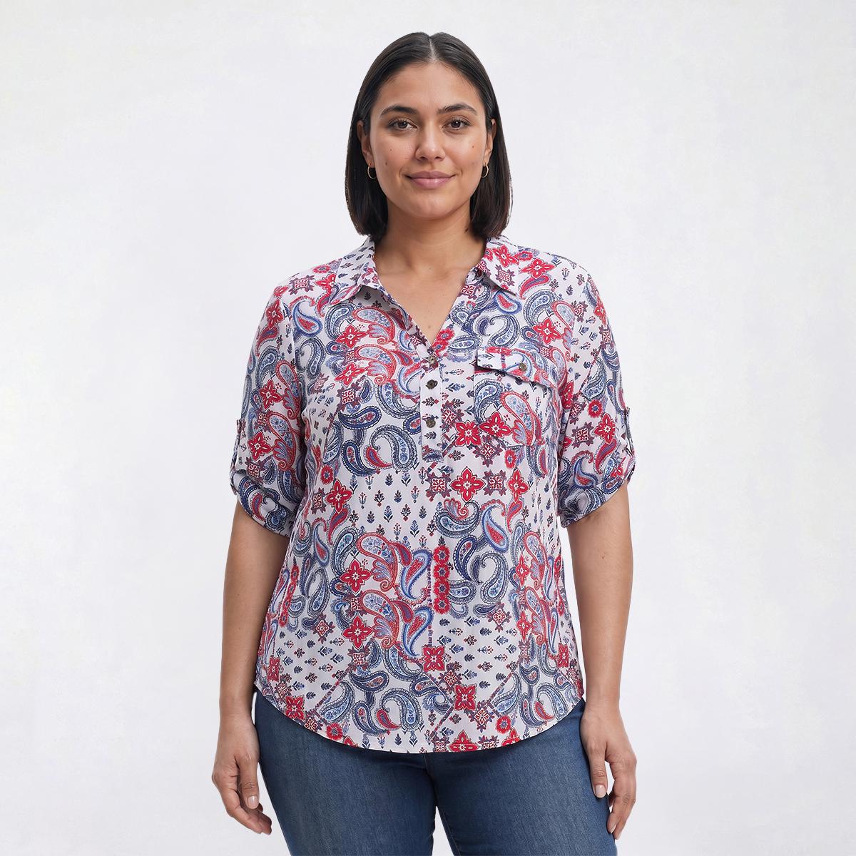 Click here for Plus Size Emily Daniels Elbow Sleeve Paisley Patch... prices